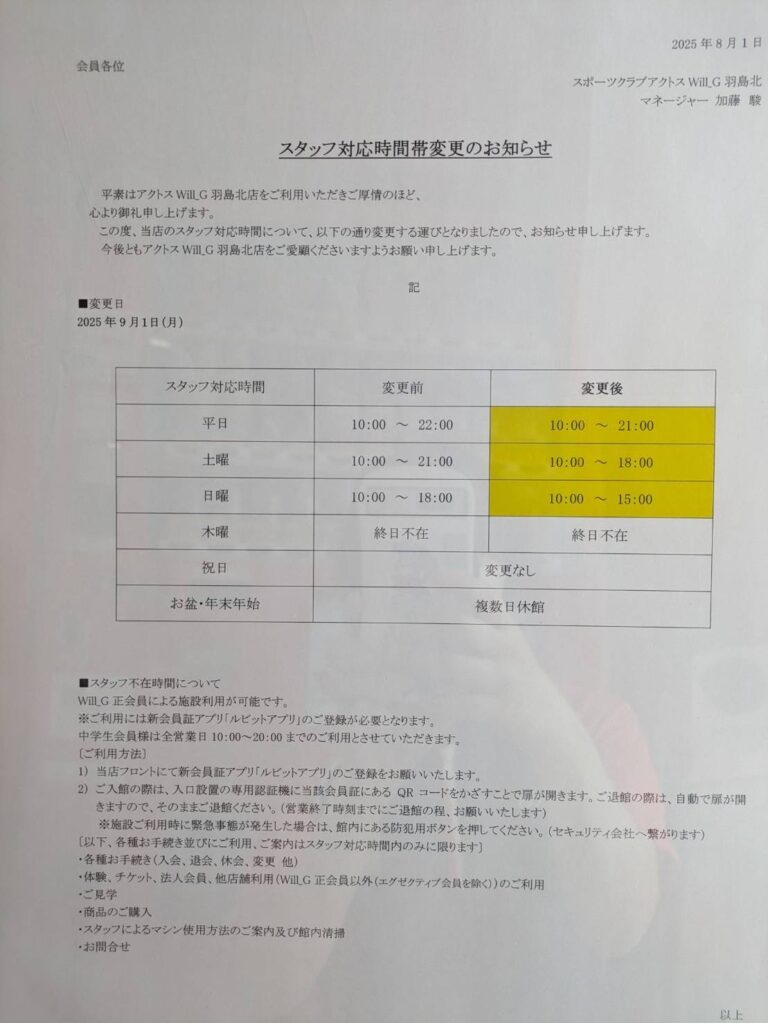 有人時間帯変更のお知らせ – スポーツクラブアクトス – AXTOS