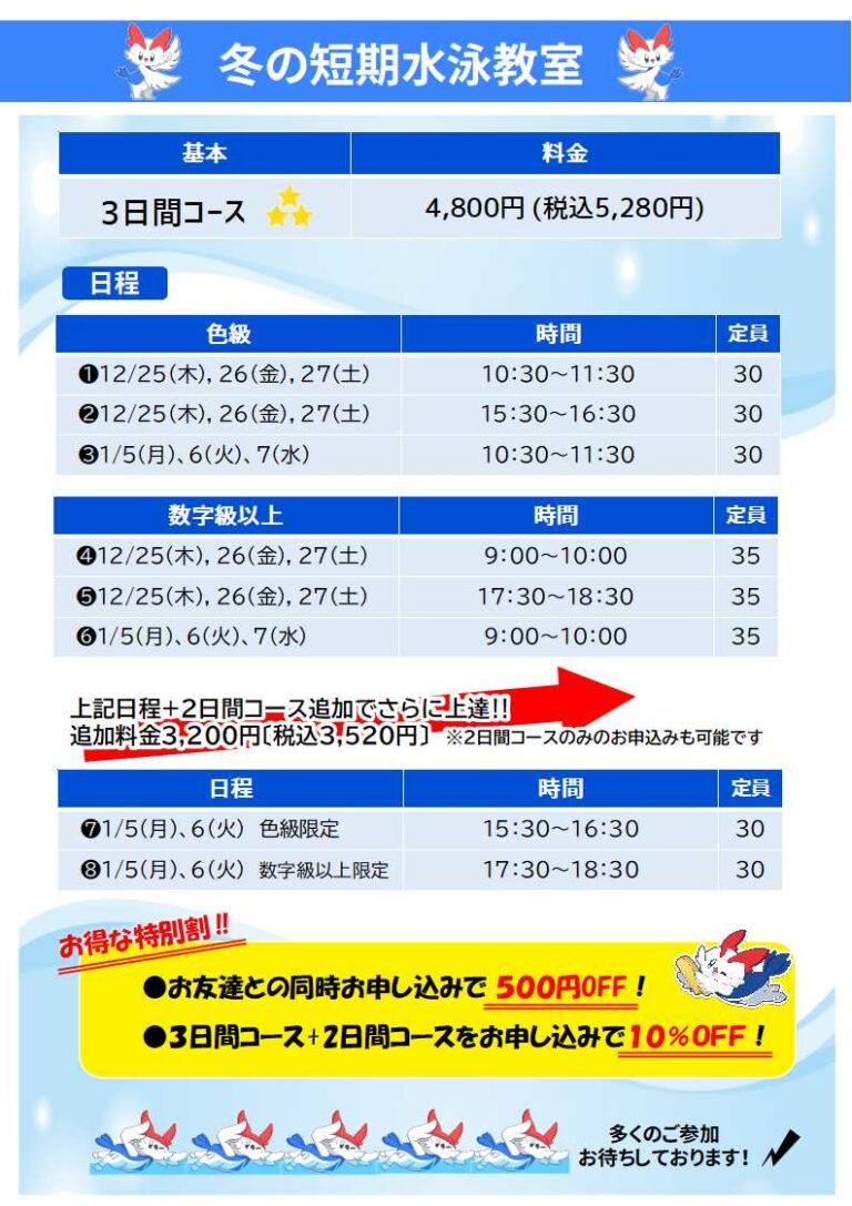「上達宣言」冬の短期水泳教室 – スポーツクラブアクトス – AXTOS